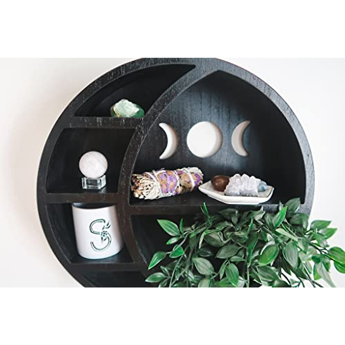 Kanley Crescent Moon Shelf for Crystals Stone, Essential Oil, Small Plant and Art - Wall, Room, and Gothic Witchy Decor - Moon Phase Rustic Boho Shelfs - Wooden Hanging Floating Shelves - (Black)