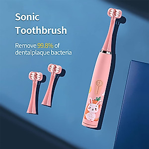 LEYUYO Electric Toothbrush for Kids 6 Sided 360° Sonic Cleaning 31000 Strokes Rechargeable 3D Sonic Tooth Brush with Timer, 2 Bristles, 4 Modes, Pink