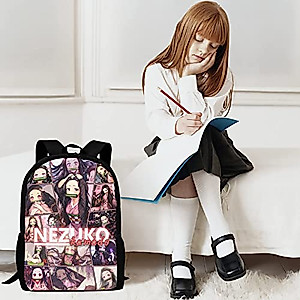 17" Nezuko Backpack Anime Multifunction Bookbag with Side Pockets Durable Laptop Bag for Teen Boys Girls