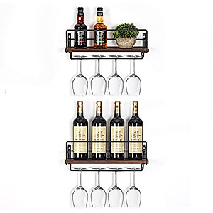 SODUKU Wall Mounted Wine Rack Wood Rustic Wine Bottle Glass Floating Shelves with Stemware Hanger Modern Wine Display Storage Holder for Kitchen Dining Room Bar Wall Décor Sef of 2