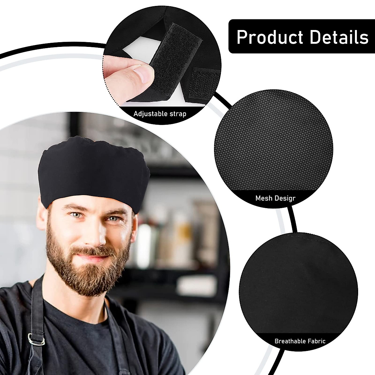 Lusofie 4 Pcs Unisex Chef Hats Adjustable Kitchen Cooking Caps with Elastic One Size Fit Most Black Breathable Mesh Top
