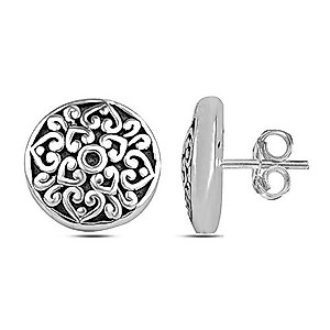LeCalla Sterling Silver Jewelry Filigree Stud Earrings Lightweight Antique Round Filigree Cut Chunky Stud Earring for Women - 14mm