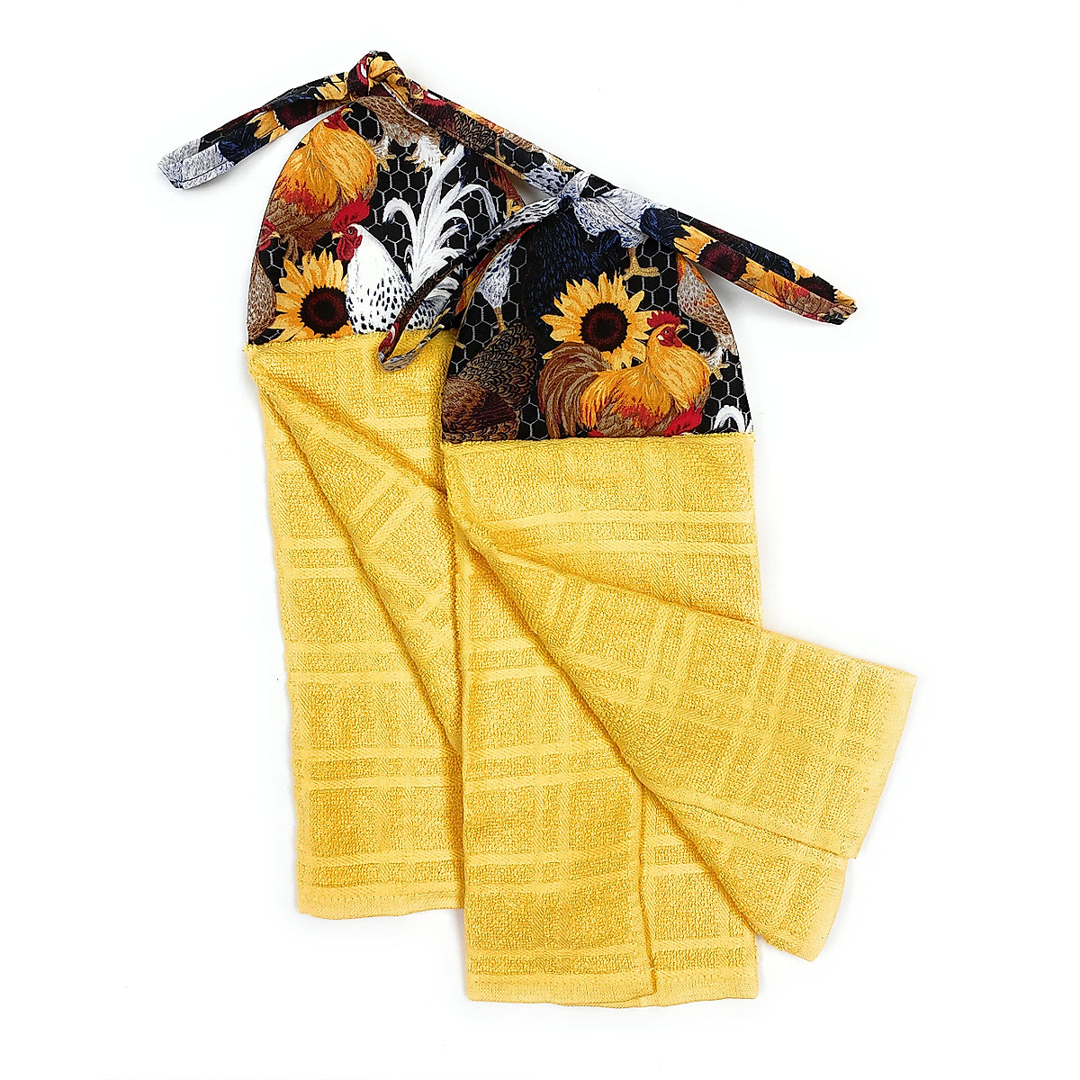 Set of 2 - Roosters Chickens and Sunflowers on Black Reversible Ties On Stays Put Yellow Kitchen Hanging Loop Hand Dish Towels