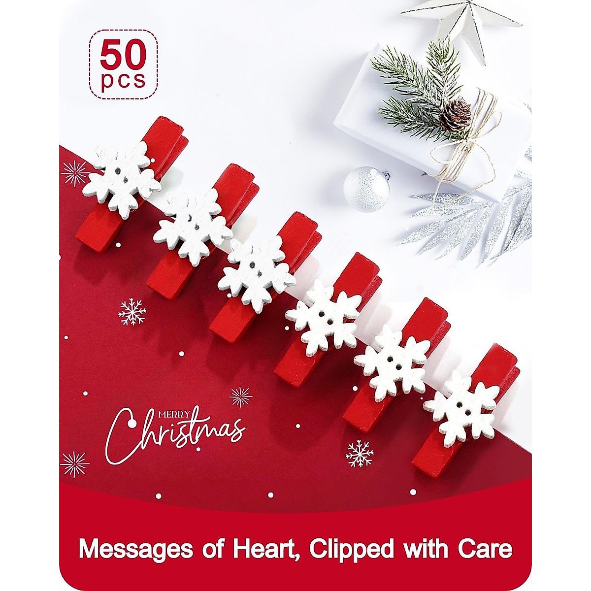Mini Clothespins Christmas Clothes Pins for Photo Red Clothespins White Snowflake Wooden Clips Small Close Pins for Picture Polaroid Craft Display Hanging Wall Card Holder, 50 PCS with 33 FT String