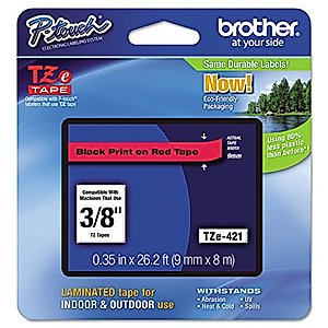 Brother Tze421 Tze Standard Adhesive Laminated Labeling Tape, 3/8-Inch W, Black On Red