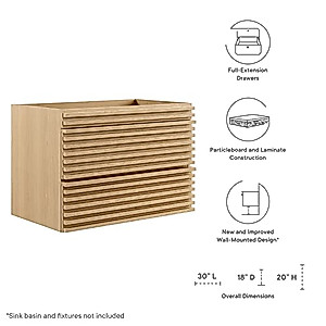 Modway Render 30" Wall-Mount Bathroom Vanity in Oak-Sink Basin Not Included, 30 Inch