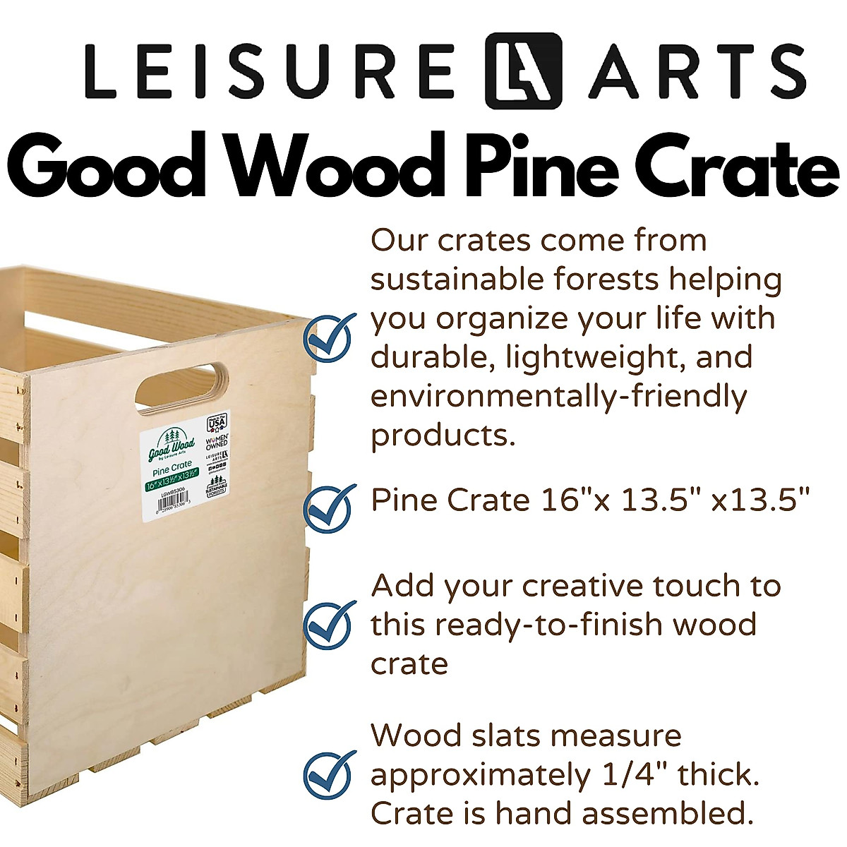 LEISURE ARTS Good Wood Wooden Crate, Wood Crate Unfinished, Wood crates for Display, Wood crates for Storage, Wooden crates Unfinished, Solid End, 16" x 13.5" x 13.5"