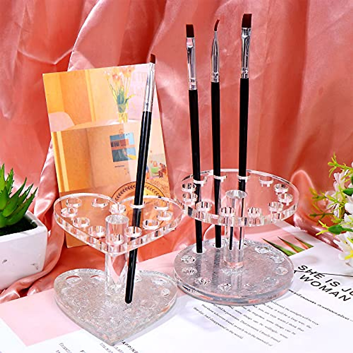 Haiabei 2Pcs Acrylic Nail Brushes Display Holder Makeup Nail 12 Holes Acrylic Brush Pen Holder Heart Silver Rest Stand Display,Nail Art Painting Pen Stand Rack Eyebrow Fountain Pencil Shelf Case