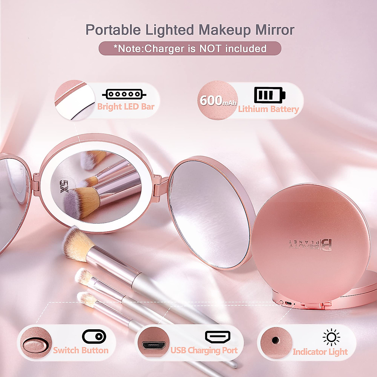 B Beauty Planet 25X Magnifying Mirror with Light, 25X/5X/1X Travel Lighted Makeup Mirror,Portable LED Compact Mirror,Handheld Folding Rechargeable Ring Light Mirror