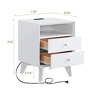 T4TREAM White Nightstand with Charging Station, Mid-Centry Modern Nightstand End Table with 2 Stroage Drawers, Easy Assembly Wood Sofa Side Table for Living Room, Bedroom, Kids Bedroom, Solid White