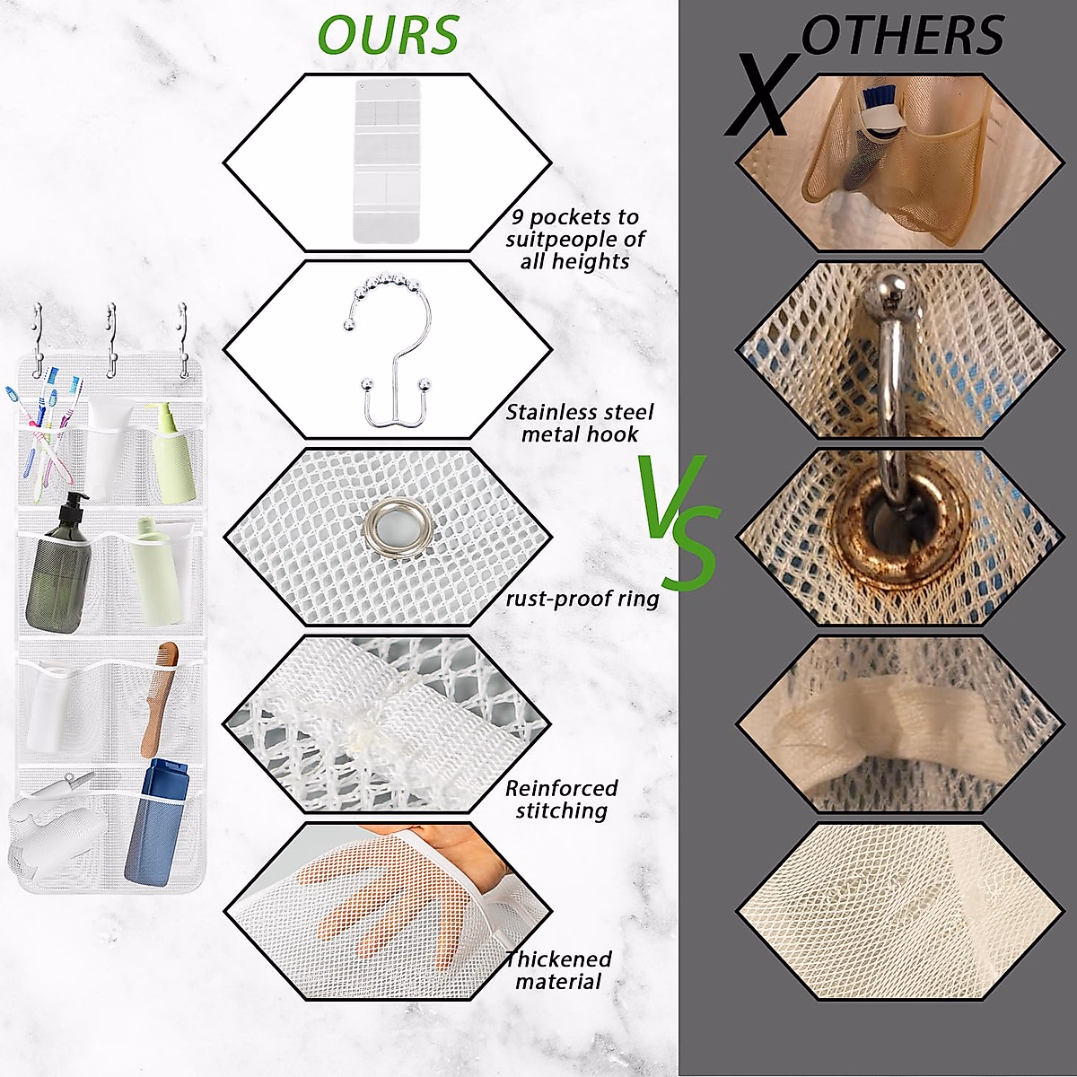 VOCHIC Shower Organizer with 3 Metal Loop Hangers, Thickened Shower Caddy or Bathroom Organizer with Quick Drying Mesh, Hanging Mesh 9 Pockets to Hold Shampoo, Soap, Loofah for Cruise Ship Essentials