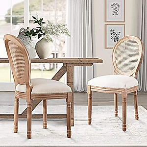 Recaceik French Country Dining Chair Set of 2, Farmhouse Dining Room Chairs with Rattan Round Back & Rubber Wood Legs Finish, Upholstered Kitchen Chairs for Dining Room/Living Room/Restaurant, Beige