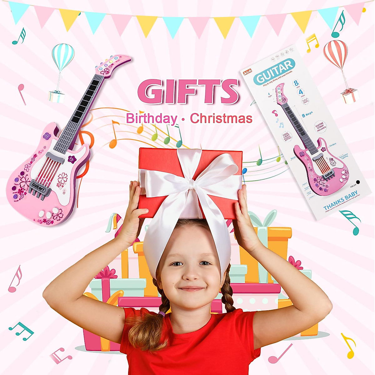 M SANMERSEN Kids Guitar for Girls Music Toys Guitar for Kids Toddler Electric Guitar with Strap Kids Pink Guitar Musical Instrument Toys for 3 4 5 Year Old Girls Gifts