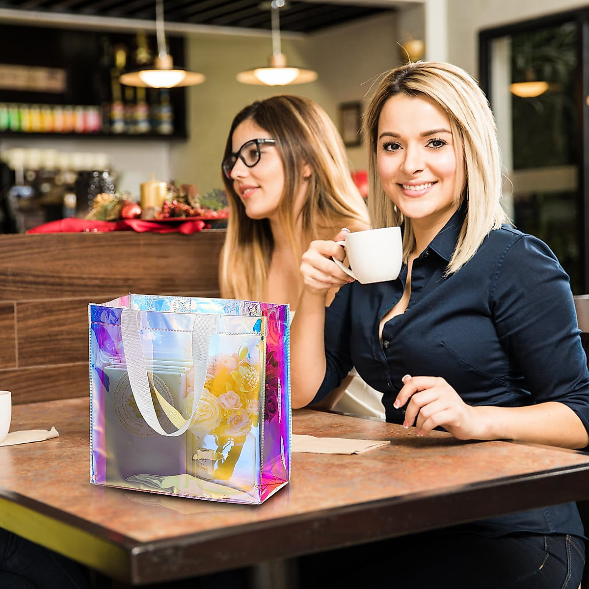 Suwimut 6 Pack Clear Tote Bag, 12 x 12 x 6 Inch Stadium Approved Hologram Large Clear Bags Iridescent Handbag PVC Plastic Tote Bag for Sports Games, Work, Security Travel, Stadium Venues or Concert