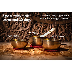 3 Piece Bronze Singing Bowl Set with Mallet, Felt Rings and Covers, Universal Series — MADE IN INDIA — For Meditation, Yoga and Sound Healing Therapy, 2-YEAR WARRANTY