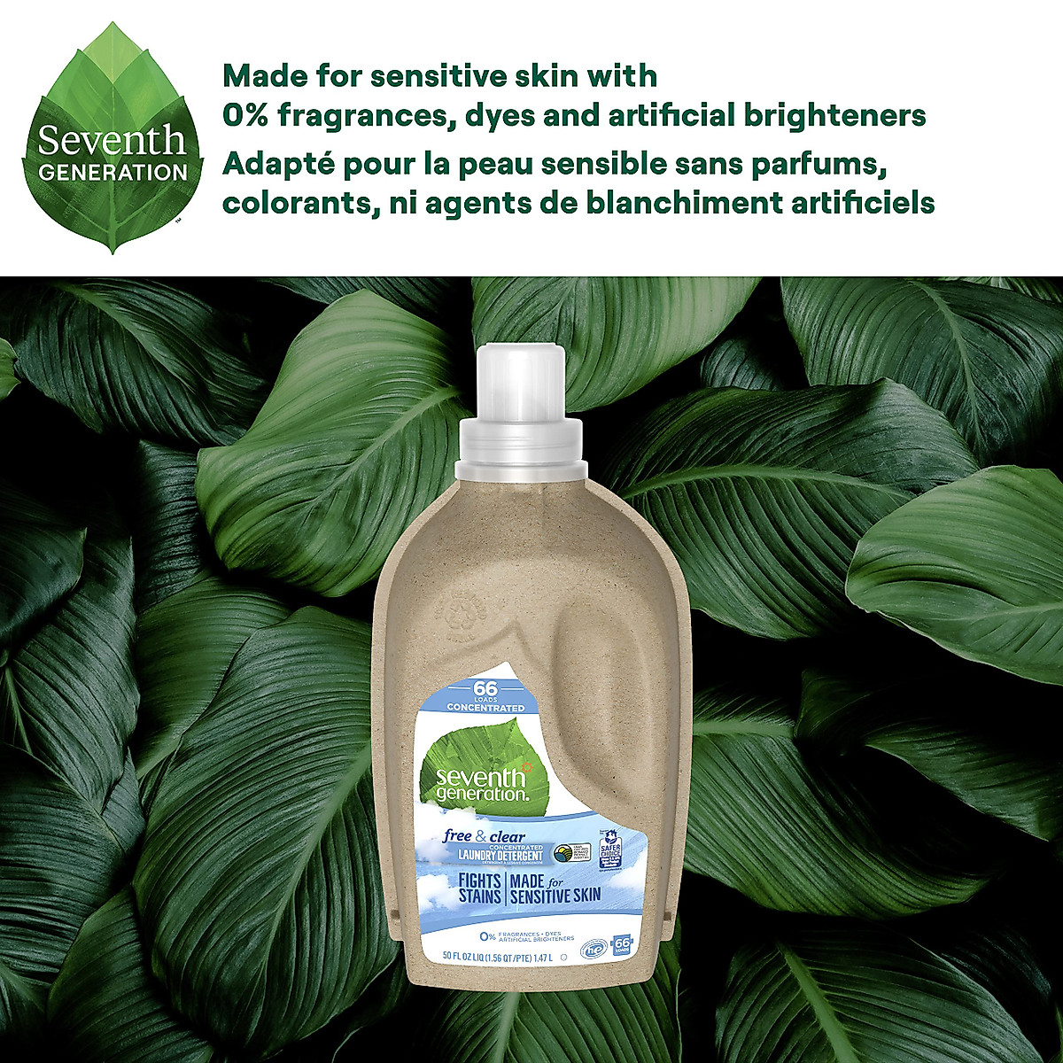 Seventh Generation Concentrated Laundry Detergent, Free and Clear Unscented, 66 loads, 50 Fl Oz (Packaging May Vary)
