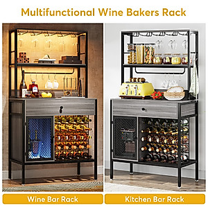Tribesigns 64" Wine Rack, 5-Tier Wine Bar Cabinet with 6 Hooks, 32-Bottles Large Capacity Liquor Cabinet with Wine Bottle Holders, Wine Bar for Kitchen, Dining/Living Room, Wine Cellar, Retro Grey