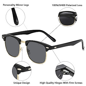 aisswzber Retro Semi Rimless Sunglasses Half Frame UV400 Glasses 3016s-blacknew