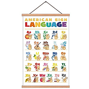 KAIRNE American Sign Language Poster with Wood Magnetic Hanger Framed(35CMx56CM),ASL Alphabet Wall Art Teaching Aid Alphabet Chart for Kids Playroom Classroom Decor