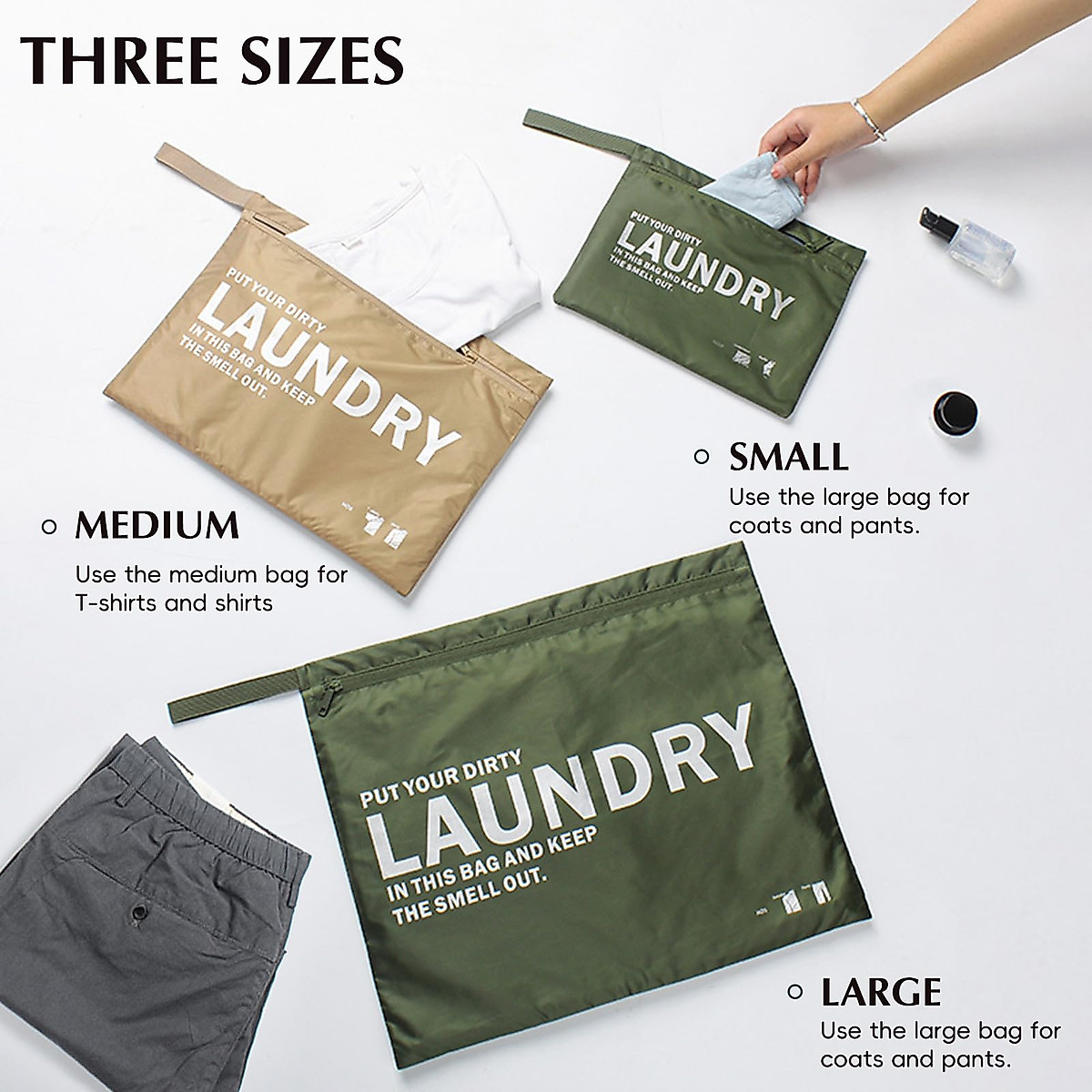 TECHPLUS 3 Pack Laundry Bags –Travel Laundry Bag for Dirty Wet Clothes – Waterproof, Smell proof, Washable, Reusable – for Sports Gym Swimming Camping (Army green)