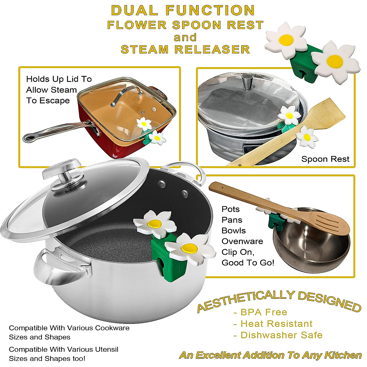 Flower Pot Spoon Holder and Lid Lifter, Silicone Kitchen Utensil Holder Gadget, Flexible Cooking Pot Clip, Stove Top Utensils and Lid Rest, Heat Resistant Kitchen Helper, Soup Lid Stand Tool