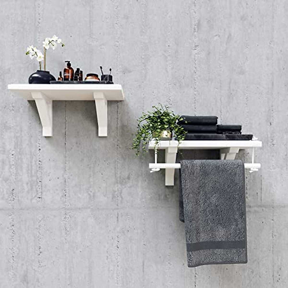 IRON WOOD White Floating Shelves Set of 2 with Towel Bar - Wall Mounted Floating Bathroom Shelves Over Toilet -for Kitchen Living Room - Bookshelf -