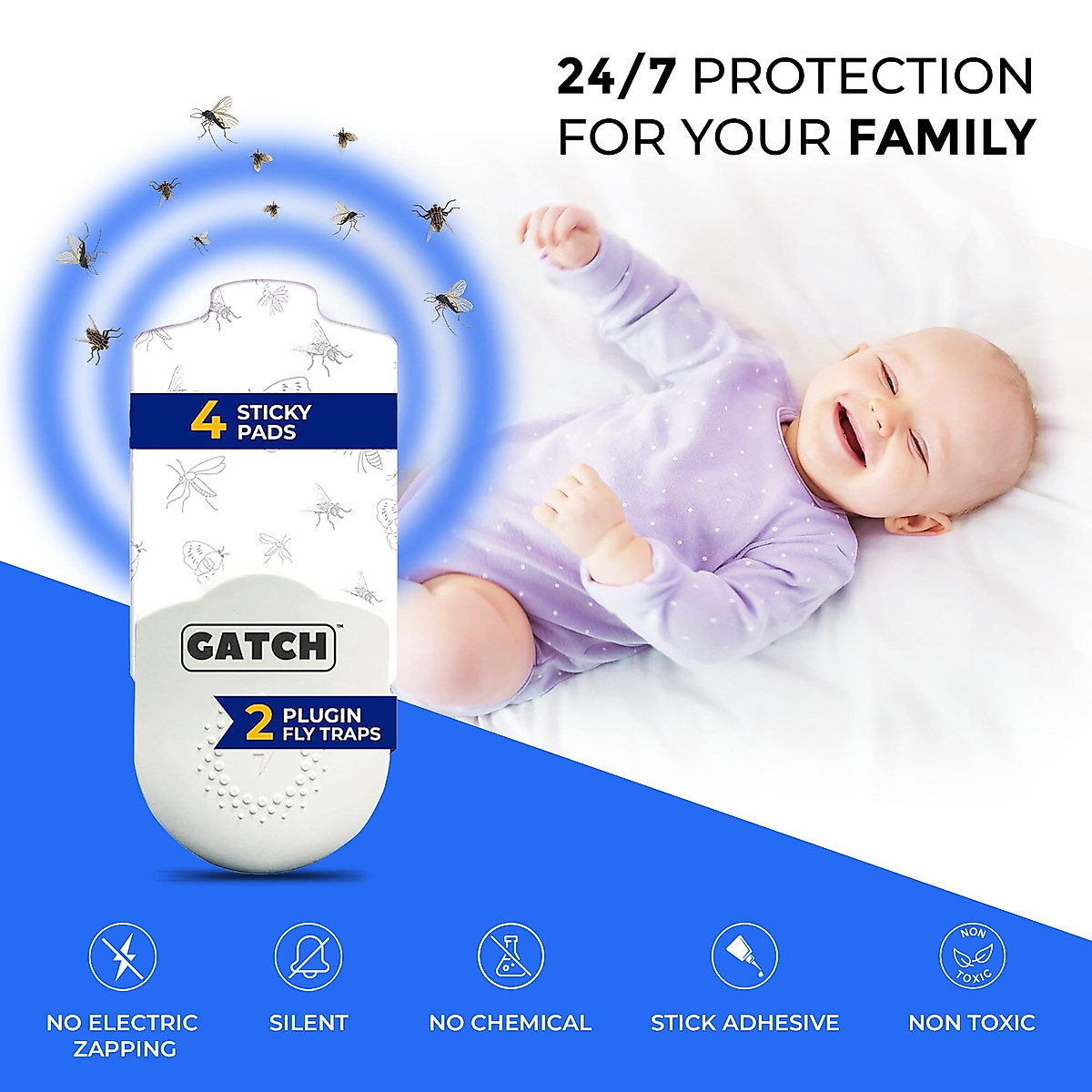 GATCH Flying Insect Trap Mosquito Killer Indoor, Fruit Fly Trap (2 Plug-in Bases + 4 Sticky Pads) Gnat Moth Catcher Fly Tapper with Night Light UV Attractant Catcher for Home Office White