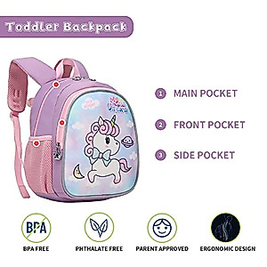 Tanou Toddler Backpack for Girls, 11 Inch Kids Backpacks for Preschool Kindergarten, Cute Cartoon Animal Style School Bag for Little Kids Aged 1-3 Years, Purple Unicorn