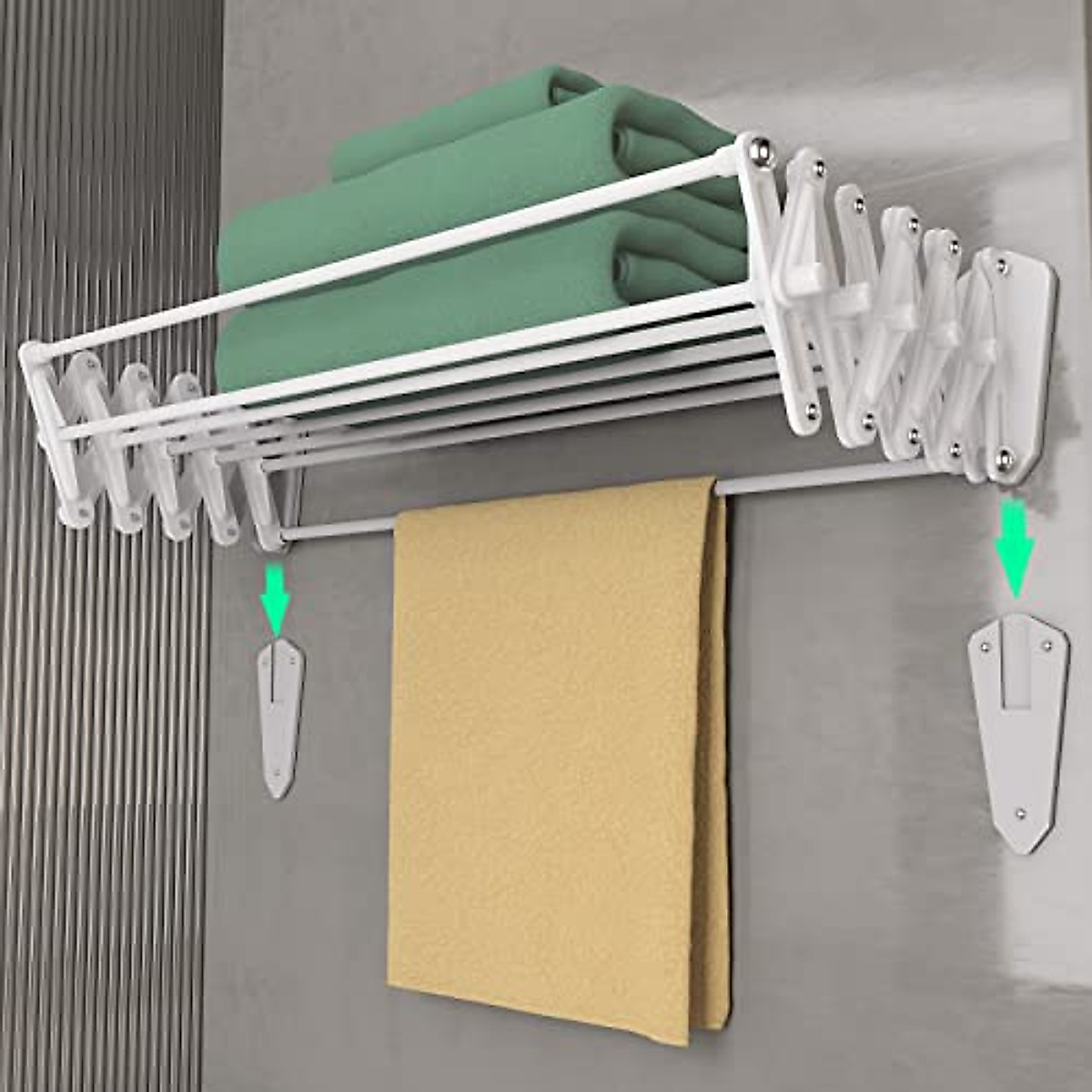 NUTSAAKK Wall Mounted Drying Rack Clothing for Laundry Foldable, Clothes Drying Rack Folding Indoor, Laundry Drying Rack with 7 Rods, Accordion Retractable for Laundry/Bathroom (White)