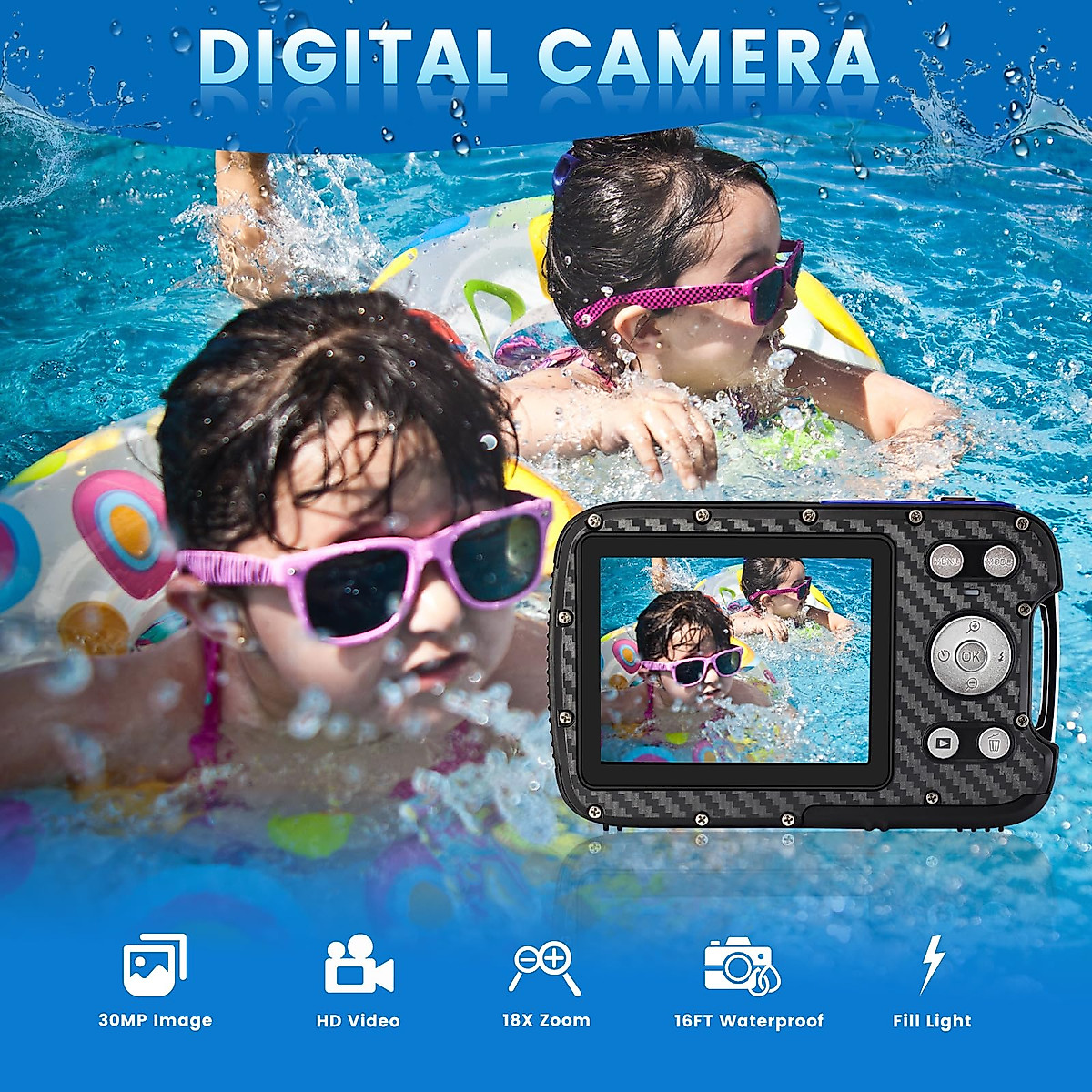 YEEIN Digital Camera 30MP Kids Digital Camera with 32G SD Card and Rechargeable Battery, 18X Digital Zoom Compact Portable Digital Camera for Snorkeling Swimming Blue, 8026BU