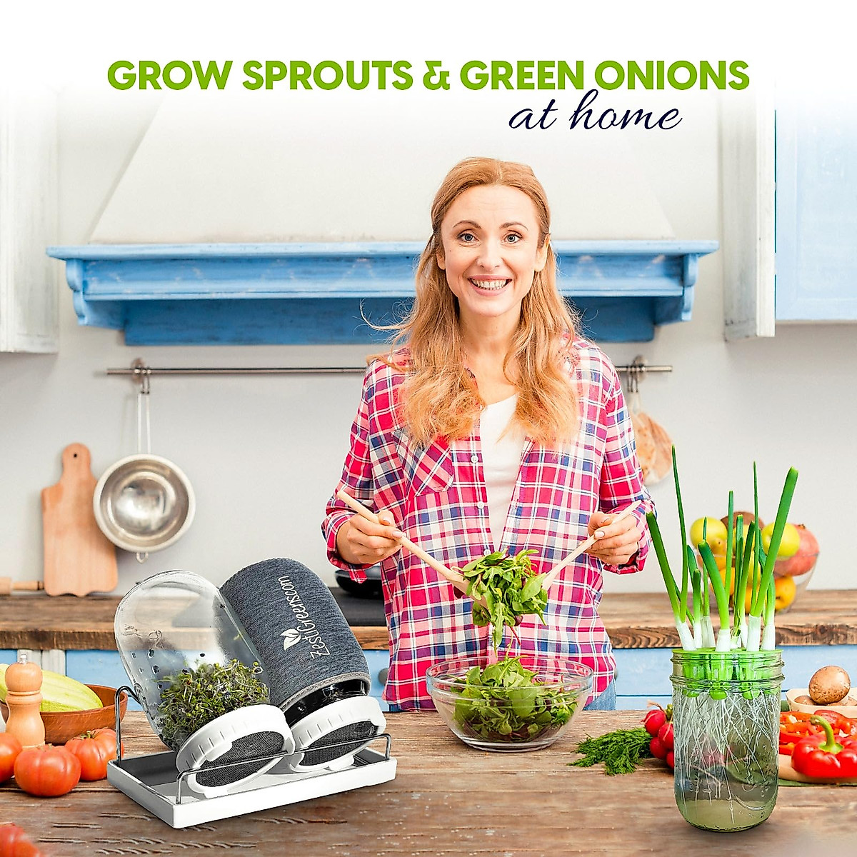 Premium Sprouts Growing Kit & Green Onion Regrower with 2 Mason Jars & Superior Sprout lids. Perfect Sprouter Set for Growing Broccoli, Alfalfa & Beans.