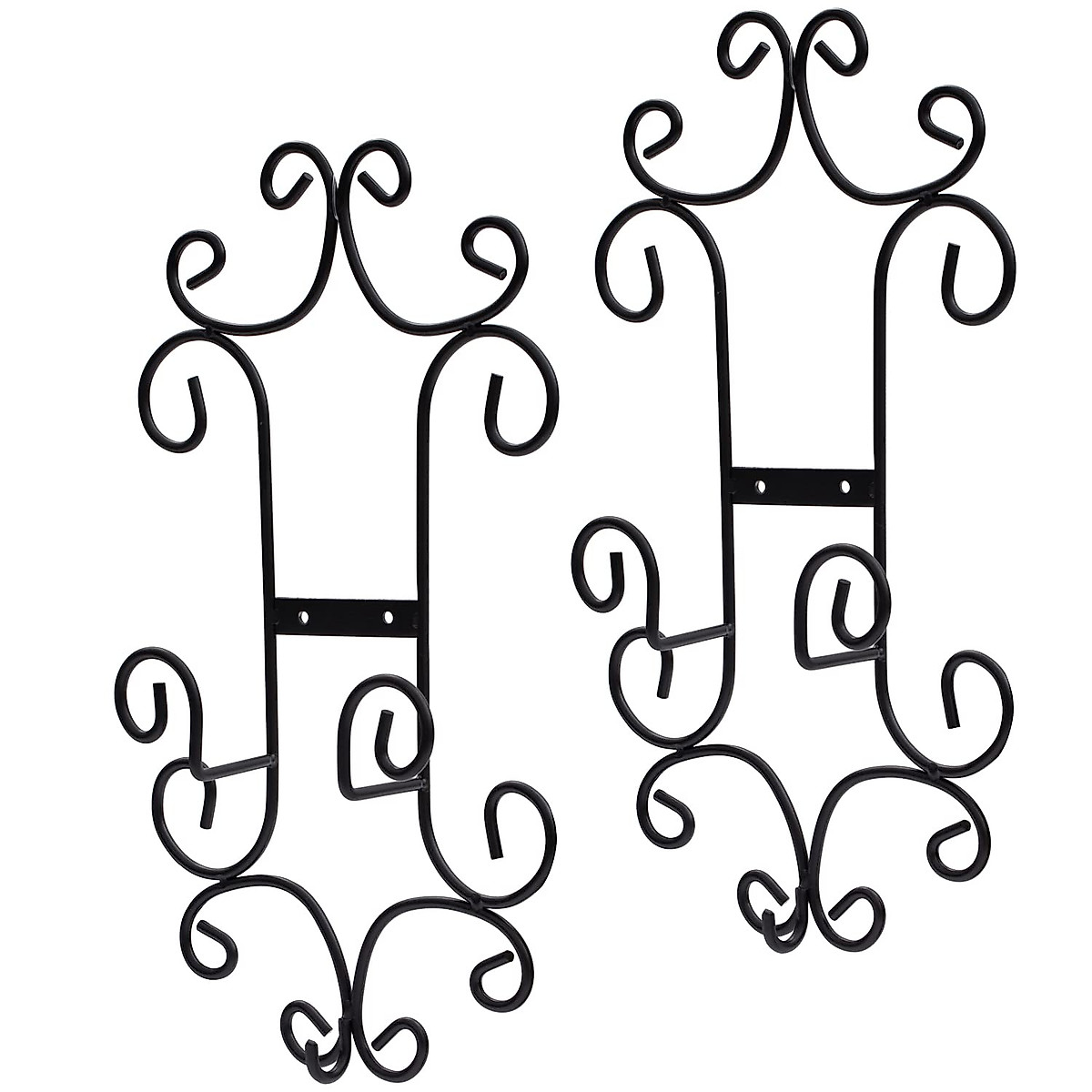 MyGift Wall Plate Display Holder, Set of 2 - Vintage Scroll Work Style Black Metal Wall-Mounted Tea Cup and Saucer Hanging Rack, Holds Plates Up To 11 Inches