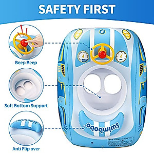 Swimbobo Toddler Pool Float Inflatable Car Baby Swim Float with Adjustable Sun Canopy and Safety Seat Pool Toys for Kids 1-4 Years Old (Blue Sports Car)