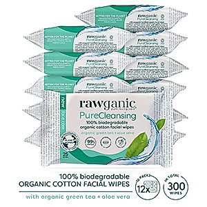RAWGANIC Refreshing Facial Wipes | Gentle Soothing, Alcohol-free, Fragrance-free, Biodegradable Organic Cotton Wipes | with Aloe Vera and Green Tea | 12 Packs of 25 (300 wipes)