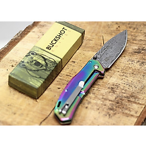 Buckshot Knives Thumb Open Spring Assisted Stainless Steel Titanium Handle with 3D Etched Inlay, Etched Damascus Wave Blade Pocket Knife (PBK215RW)