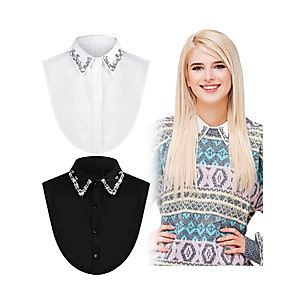Bencailor 2 Pieces Rhinestone Fake Collar Detachable Dickey Collar for Women Half Shirt Collar Blouse False Collar for Women Girls Outfits, White and Black