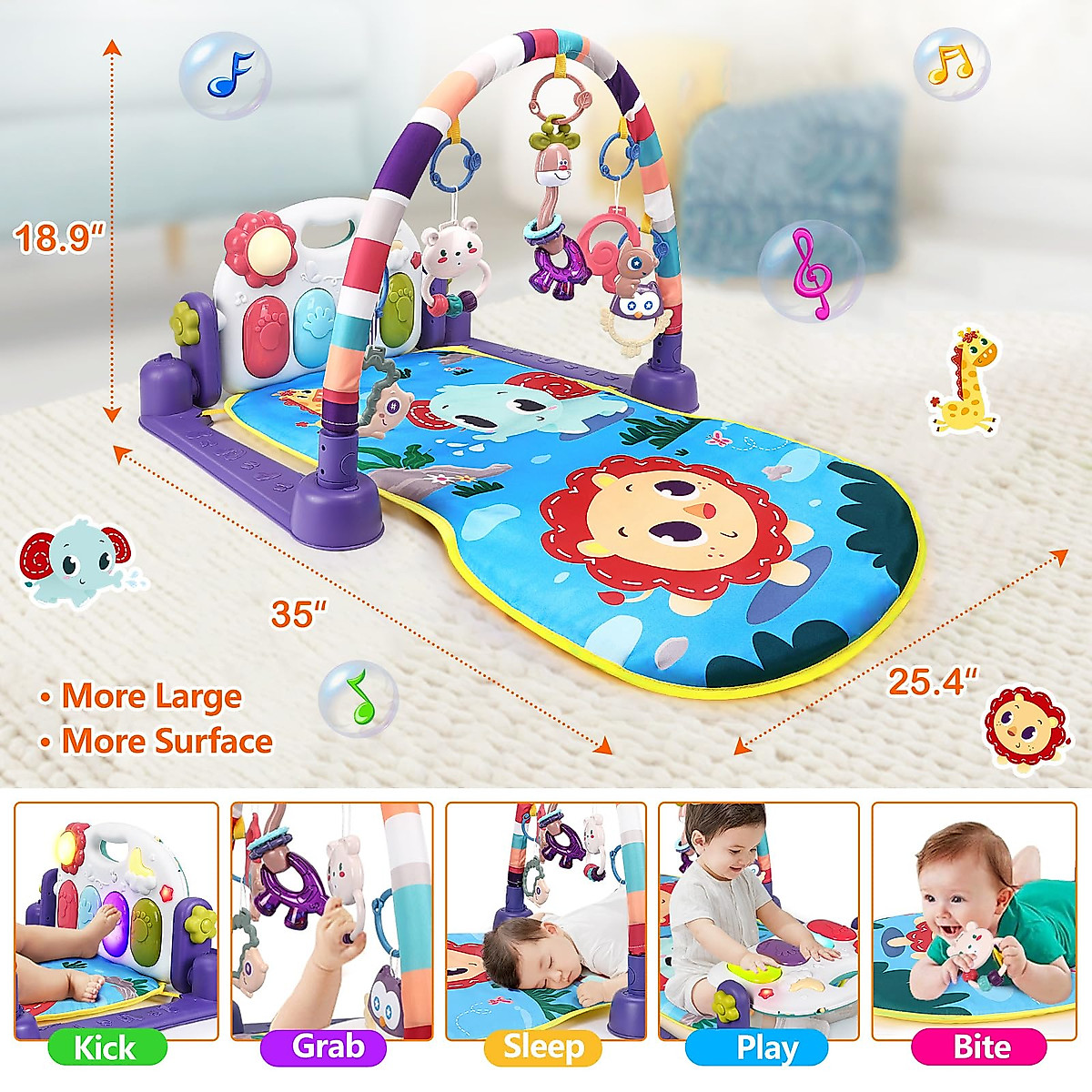 UMIKU Baby Gym Play Mats Tummy Time Mat Musical Activity Center for Newborn Infant Folding Design Piano Music & Light Newborn Infant Gifts for Baby Toys 0-3 6 9 12 Months, Animal Style