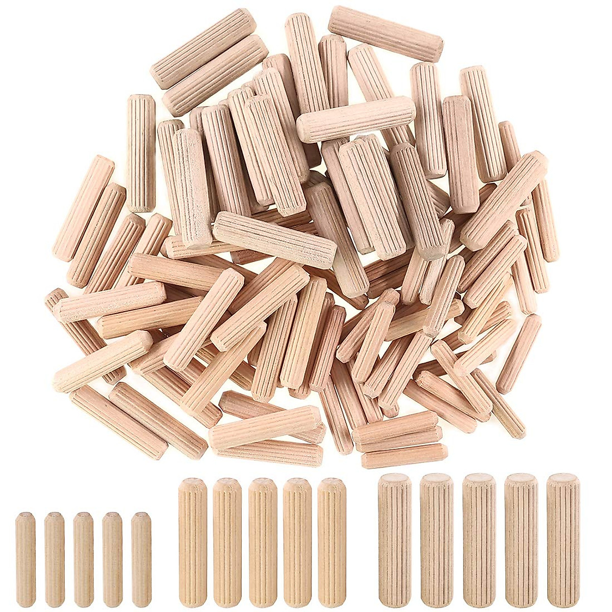 Hilitchi 900Pcs 6mm 8mm 10mm L Fluted Wood Dowel Pins & 1/4” 5/16” 3/8" L Fluted Wood Dowel Pins