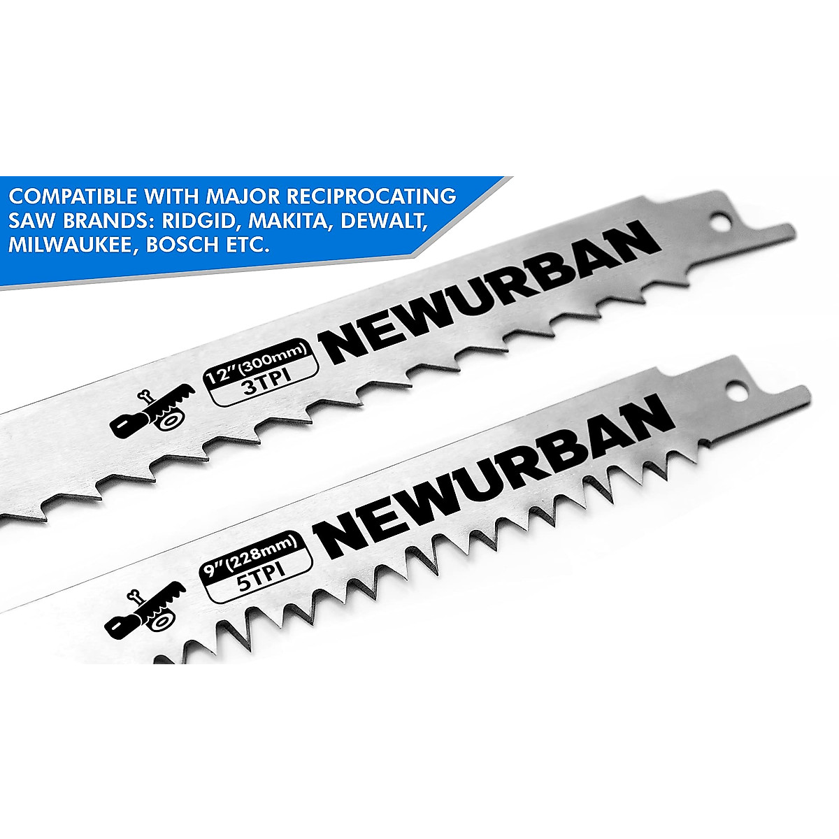 NEWURBAN 5 Pack Stainless Steel Reciprocating Saw Blades 5TPI 9 in (228mm) - 3 pcs / 3TPI 12 in (300mm) - 2 pcs for Frozen Meat Bone Food Cutting - Bonesaw Blade