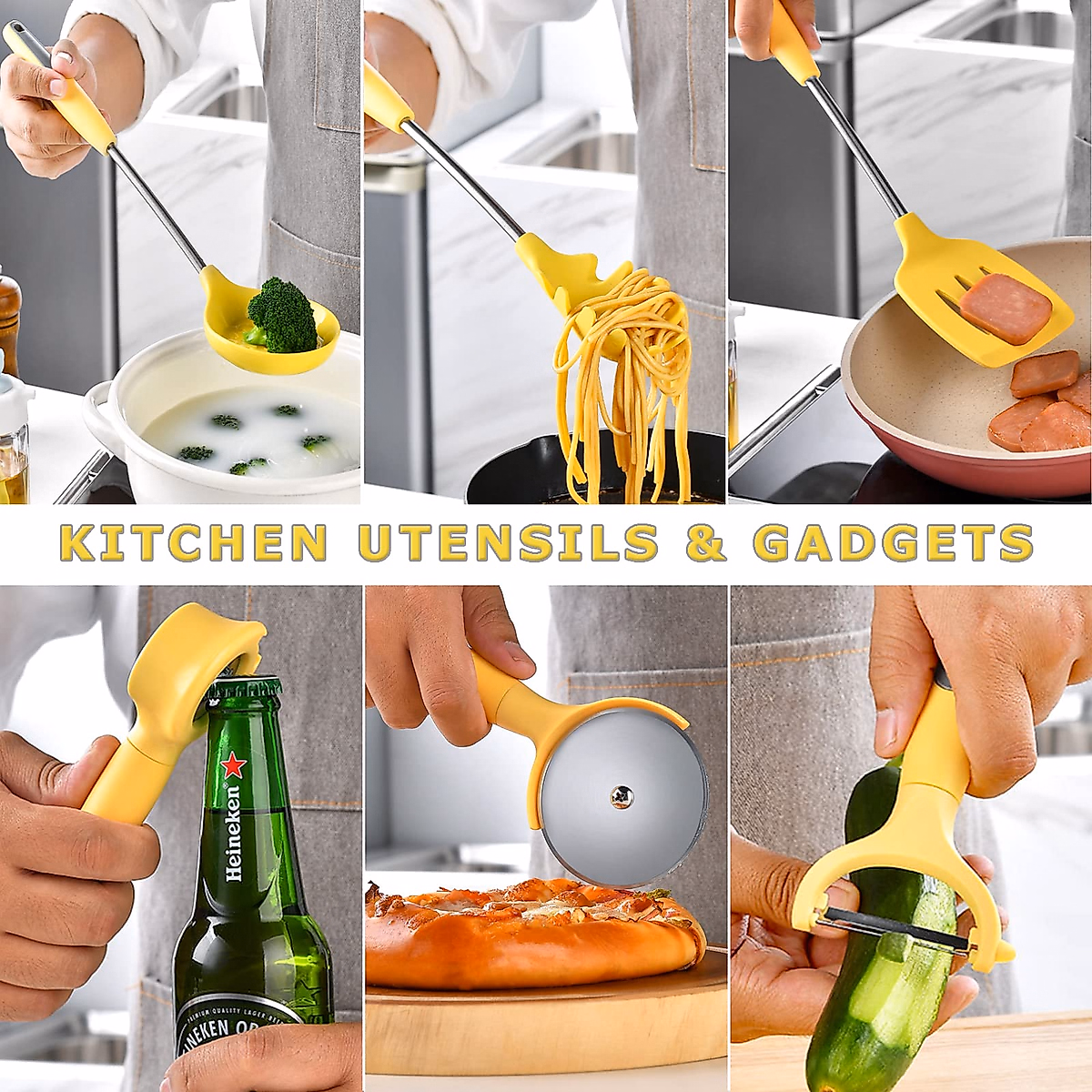 Cooking Utensils Set, 15PC Silicone Kitchen Utensils with Stand, 446℉ Heat-resistant Spatula Set with Stainless Steel Handles for Nonstick Cookware, Kitchen Tools Set for Home Kitchen (Yellow)