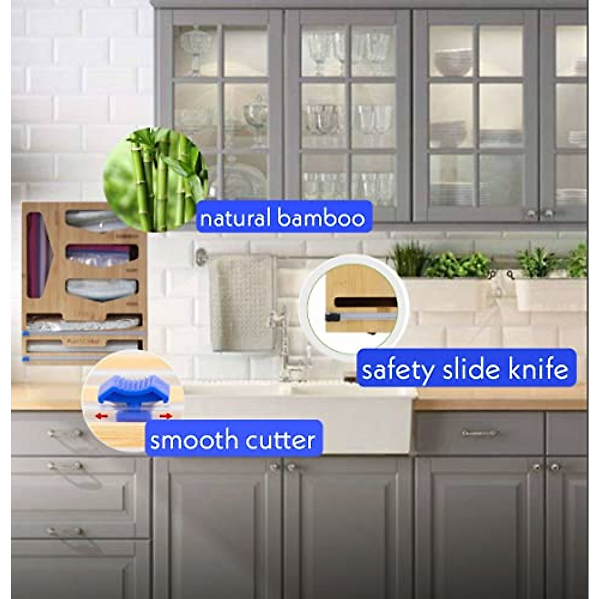 Foil And Plastic Wrap Organizer With Cutter & Ziplock Bag Storage, Baggie Food Holders For Sandwich, Snack Gallon, Quart Bag, Bamboo Aluminum Dispenser Labels, 43*33*7