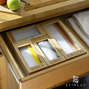 STIRLEX Bamboo Food Storage Bag Organizer, 4-piece set, Food Bag Dispenser Drawer Organization Gallon Quart Sandwich Snack