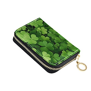 St Patrick's Day Green Seamless Shamrock Clover Lucky Four Leaves Grey Credit Card Coin wallet, RFID Blocking Compact Women Leather Card Holder, Key Change Organizer, Zipper Purse Clutch Pouch