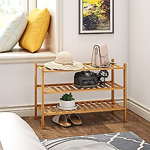 BMOSU 3-Tier Bamboo Shoe Rack Premium Stackable Shoe shelf Storage Organizer For Hallway Closet Living Room Entryway Organizer (Natural Bamboo)