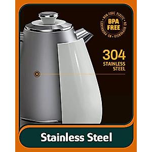 Hazel Quinn Retro Electric Kettle - 1.7 Liters / 57.5 Ounces Tea Kettle with Thermometer, All Stainless Steel, Fast Boiling 1200 W, BPA-free, Cordless, Rotational Base, Automatic Shut Off - Ice Gray