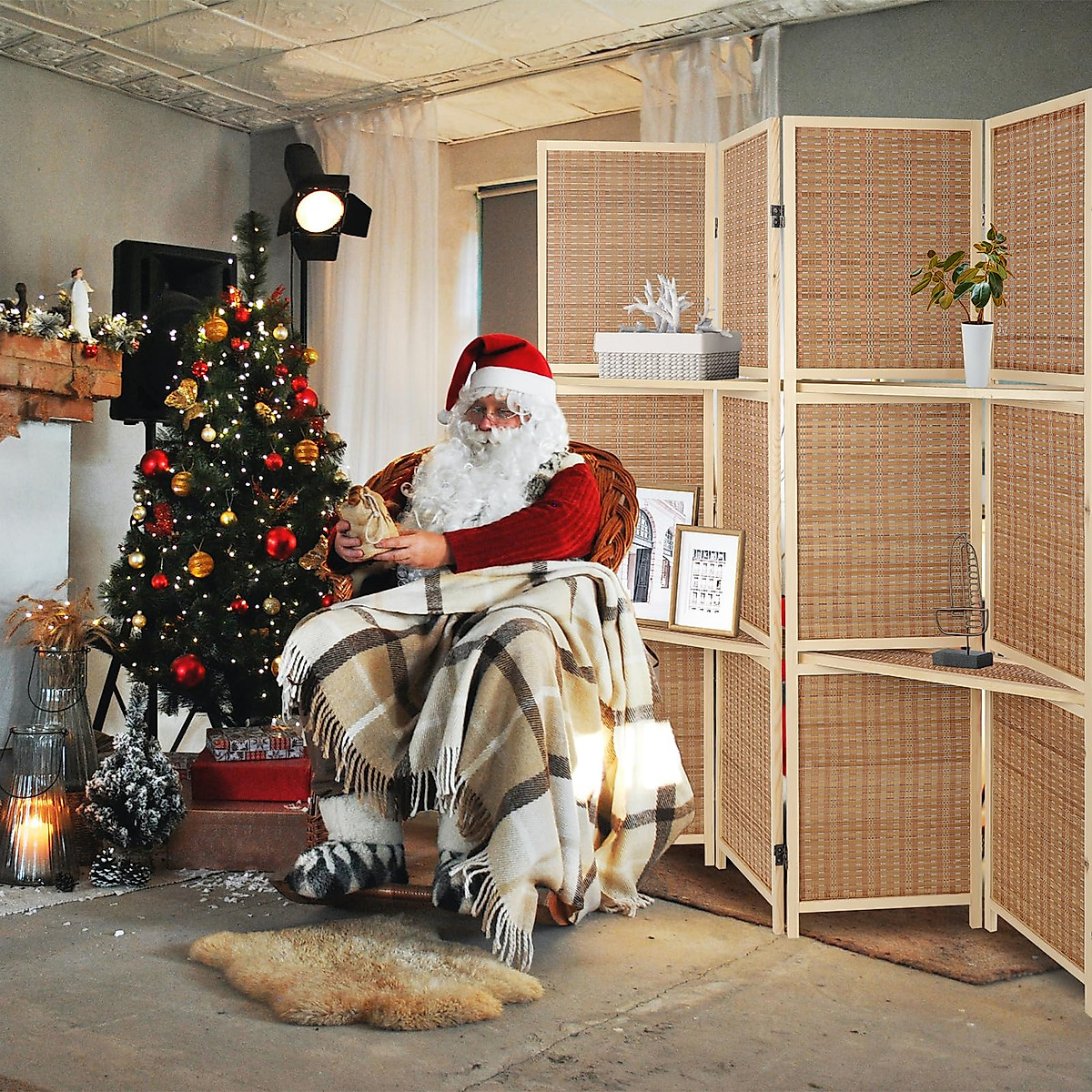 ECOMEX 4 Panel Room Divider with Shelves Fully Assembled 5.6Ft Folding Privacy Screens Wooden Room Dividers and Room Separator for Home Bedroom, Warm Brown