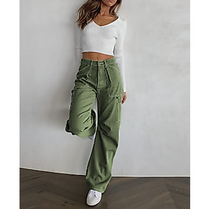Dokotoo Cargo Pants Women High Waisted Baggy Wide Leg Dress Pants Women Womens TrousersPants Straight Leg Jeans for Women Trendy Baggy Y2K Trousers with Pockets Green