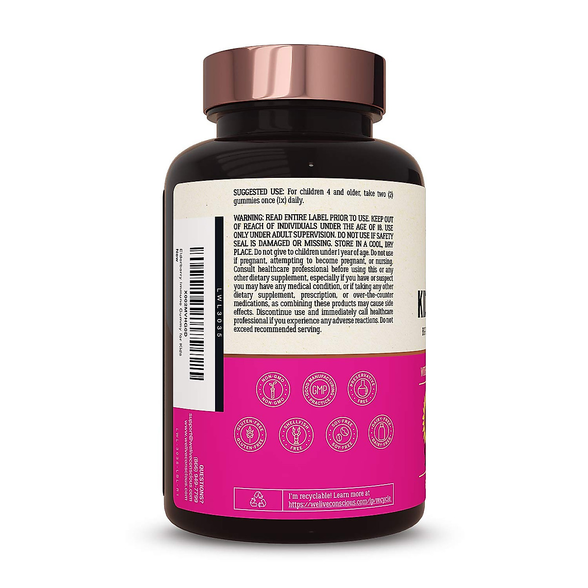 Kids Elderberry Gummies | Great-Tasting Immune Support Formula with Vitamin C, Echinacea, Sambucus, Propolis Extract | by Live Conscious - 60 Count