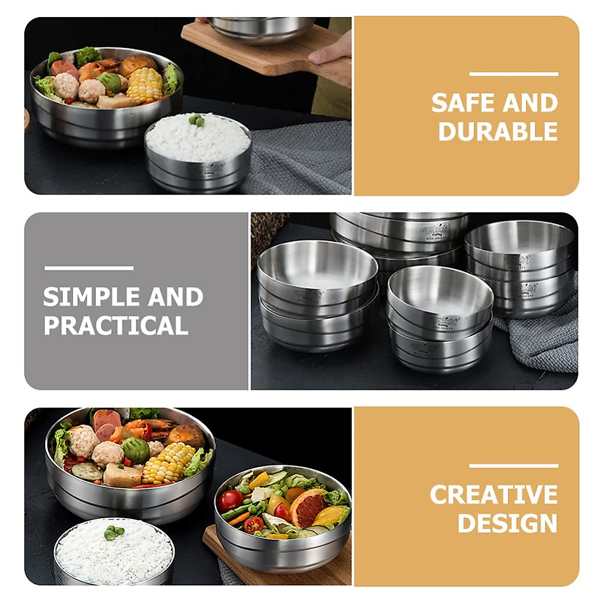 Veemoon Stainless Steel Soup Bowls Korean Ramen Container Noodle Bowl Oatmeal Dessert Bowl Seasoning Serving Bowls Appetizer Bowls for Home Restaurant Buffet Supplies