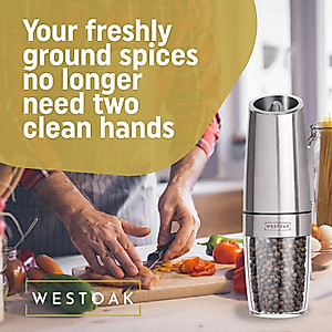 Gravity Electric Pepper Grinder or Salt Mill | White LED Light | Easy One-Handed Automatic Use | Battery Powered | Adjustable Coarseness | Brushed Stainless Steel | By Westoak